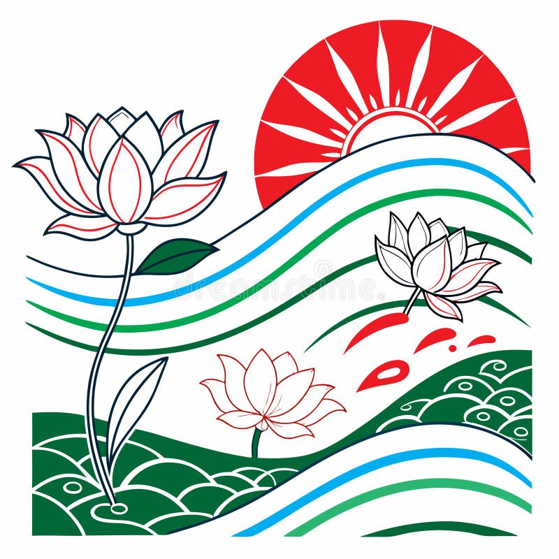 Lotus Flowers and Rising Sun Stock Illustration - Illustration of ...