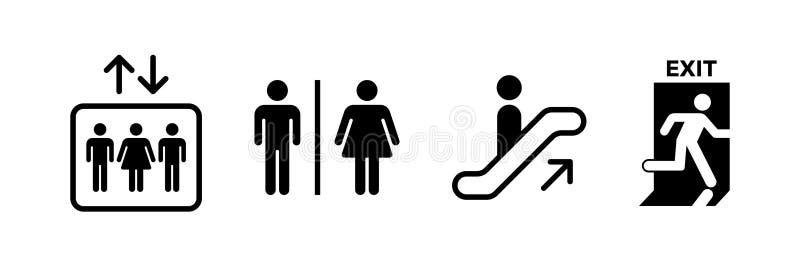 Set of Public Facility Icons. Elevator, Restroom, Exit, and Escalator ...