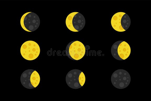 Yellow Moon Phases Icons – Flat Style Lunar Cycle Set on Black ...