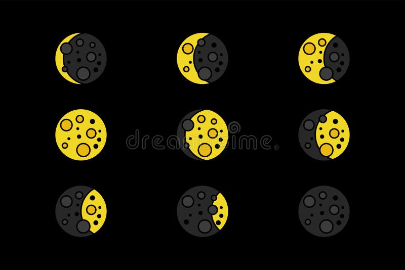 Yellow Moon Phases Icons on Black Background – Flat Vector Style Stock ...