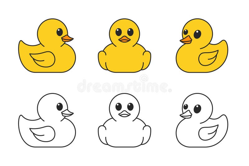 Cute Cartoon Rubber Duck Vector Set – Flat and Outline Versions Stock ...