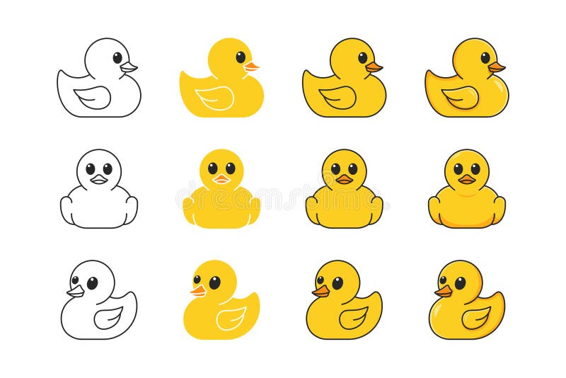 Yellow Rubber Duck Vector Icons Collection with Various Poses and Styles.duck Outline, Flat ...