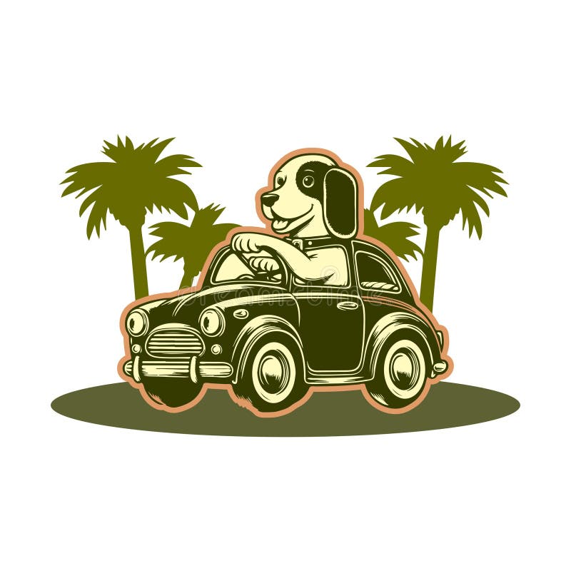 Cartoon Dog Driving Car with Palm Trees Background Stock Vector ...