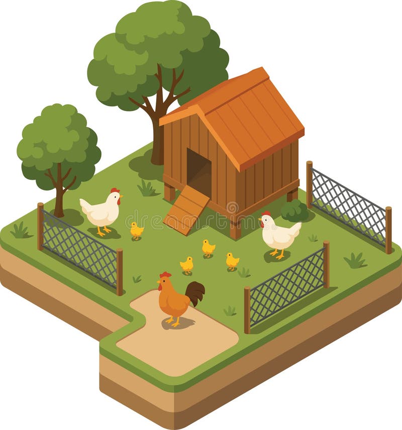 Isometric Chicken Farm with Chicken Coop and Fences Stock Illustration ...