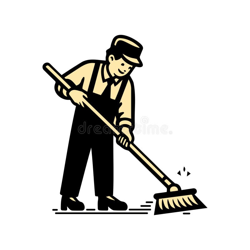 Man Sweeping Floor with Broom Illustration Stock Vector - Illustration ...