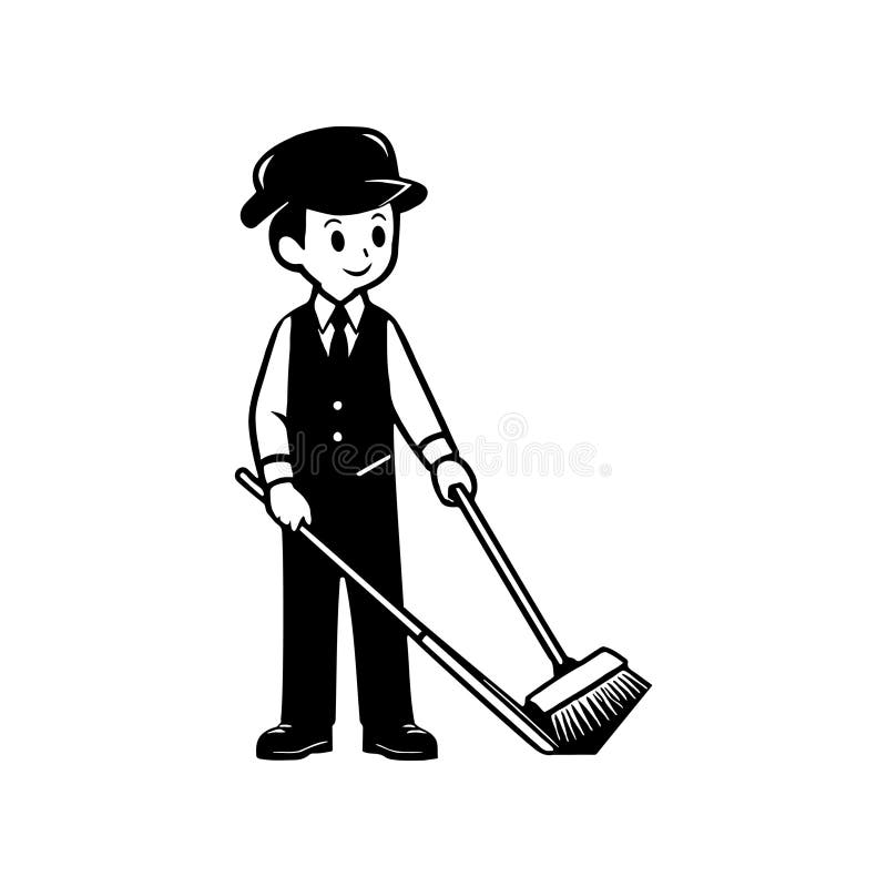 Cartoon Character Sweeping with Broom Stock Illustration - Illustration ...