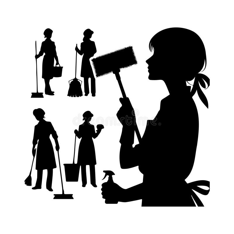 Silhouettes of Cleaning Staff Performing Various Household Tasks Stock ...