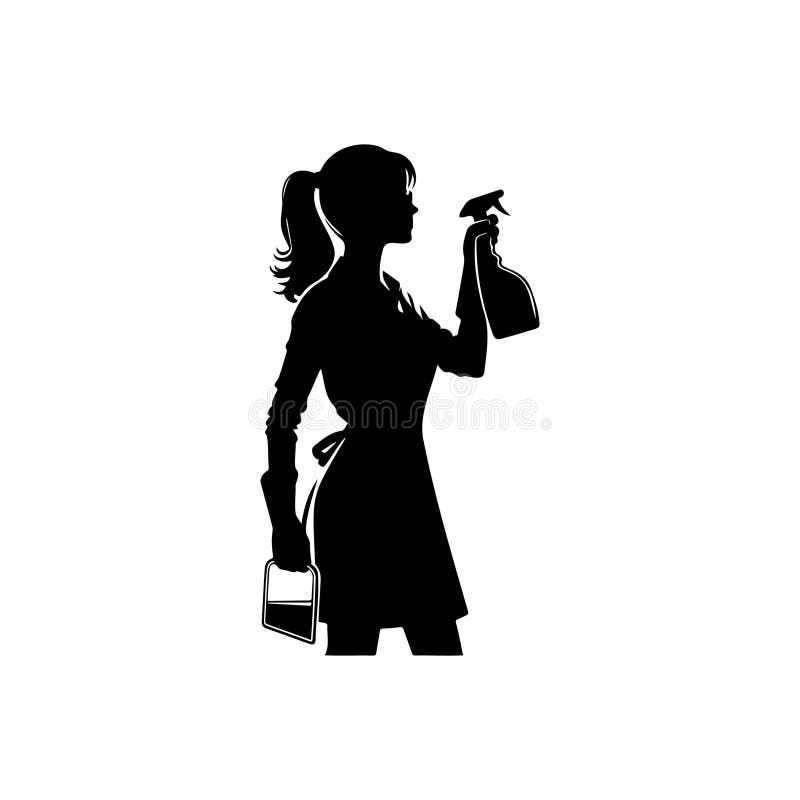 Silhouette of Woman Cleaning with Spray Bottle and Bucket Stock Vector ...