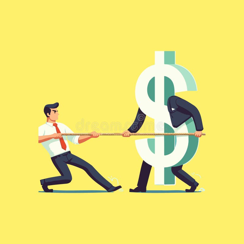 Businessman Pulling Dollar Sign in Financial Struggle Stock Vector ...