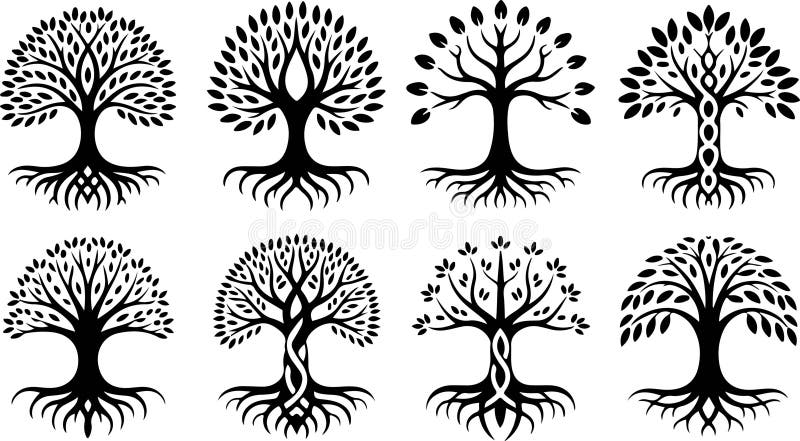 Elegant Black and White Tree Designs Set Stock Illustration ...