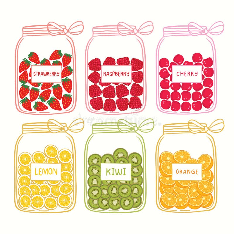 A Set of Fruit Jams in Glass Jars in Cartoon Style. Stock Vector ...