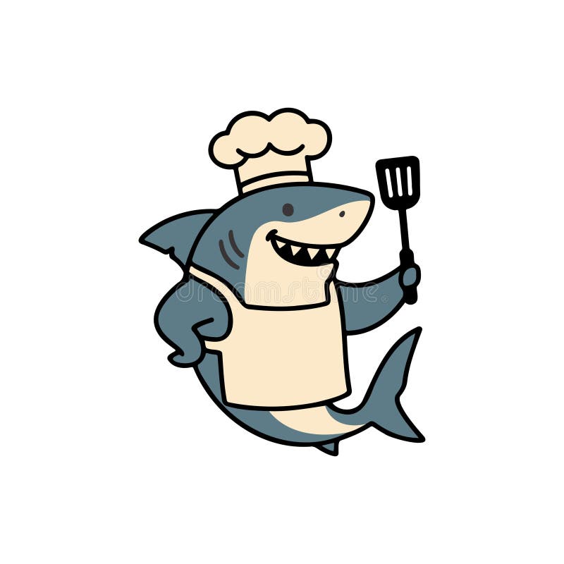Happy Cartoon Shark Chef with Hat Apron and Spatula Stock Vector ...