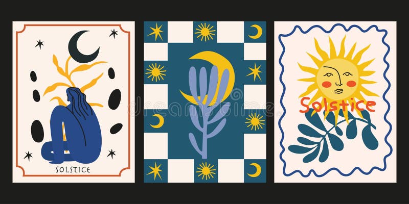 Abstract Retro Posters in Minimalist Folk Style. Summer Solstice ...
