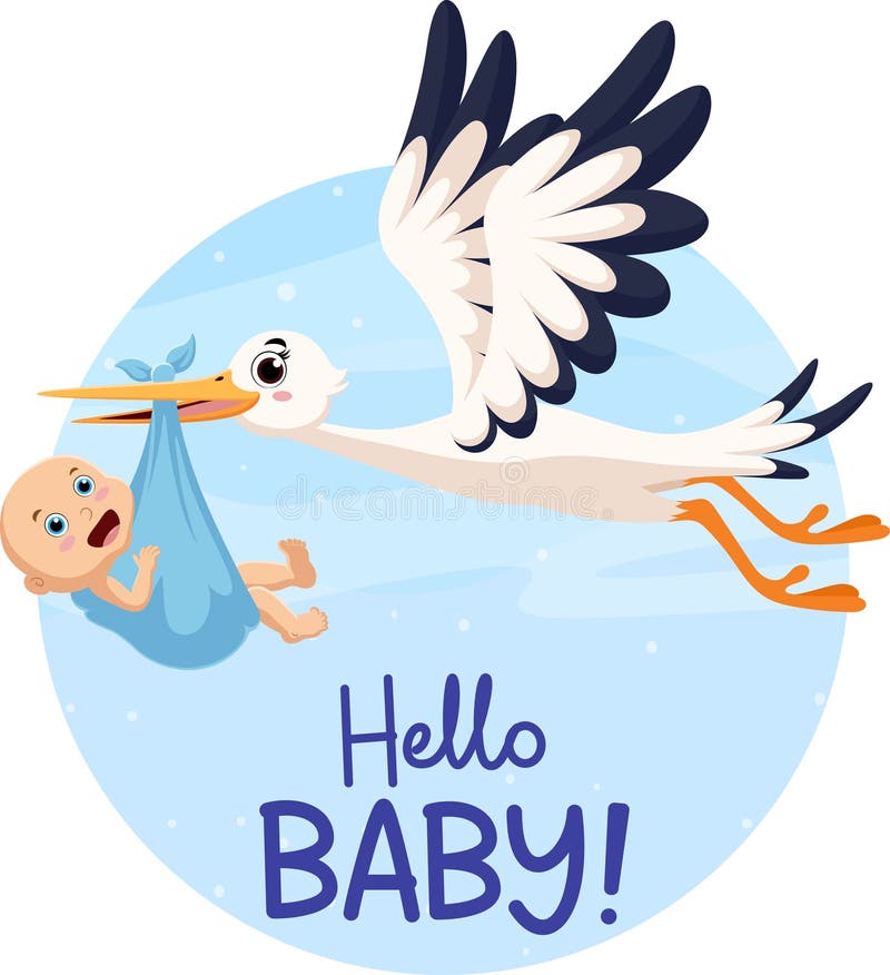 Cute Flying Stork with Newborn Baby Boy. Outline Cartoon Kawaii Bird ...