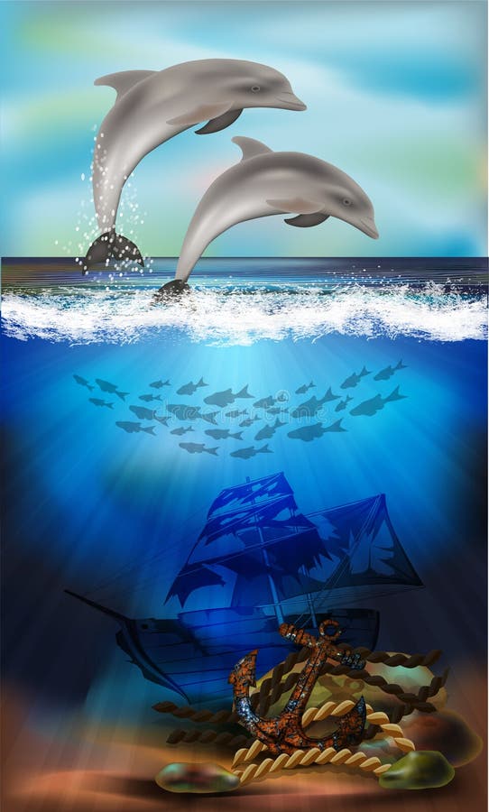 Underwater Card with Dolphins and Old Anchor Stock Vector ...