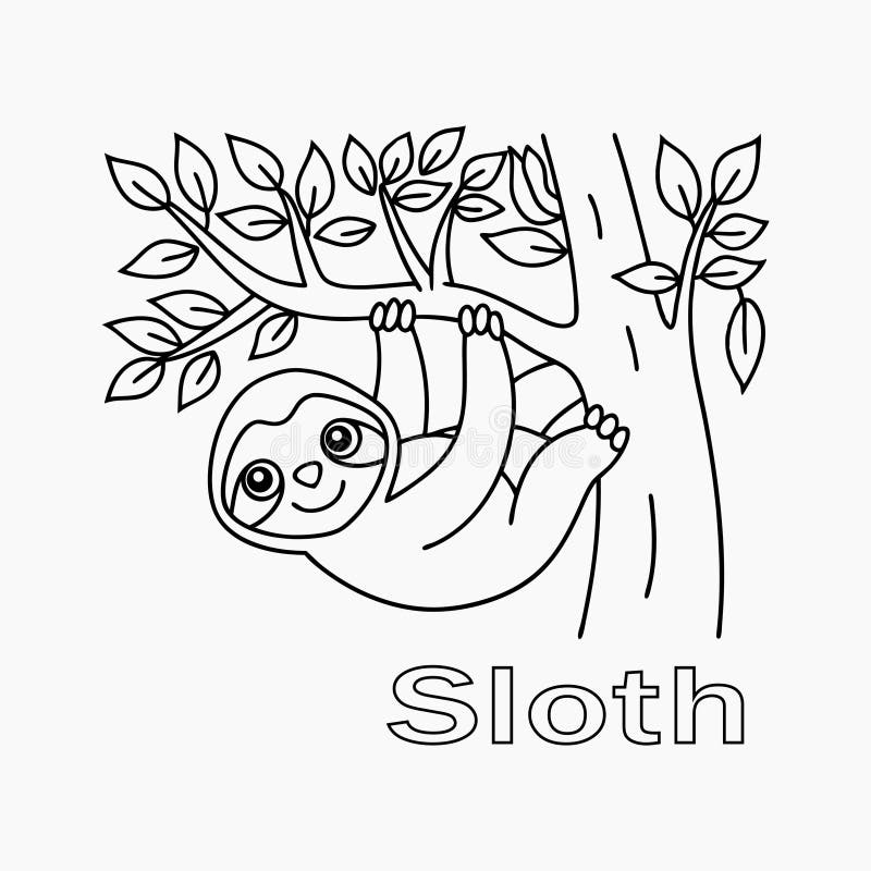Line Drawing of a Smiling Sloth (Folivora) Hanging from a Tree Branch ...