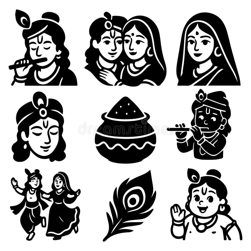 Black and White Krishna Icons a Collection of Hindu Deity Images Stock ...