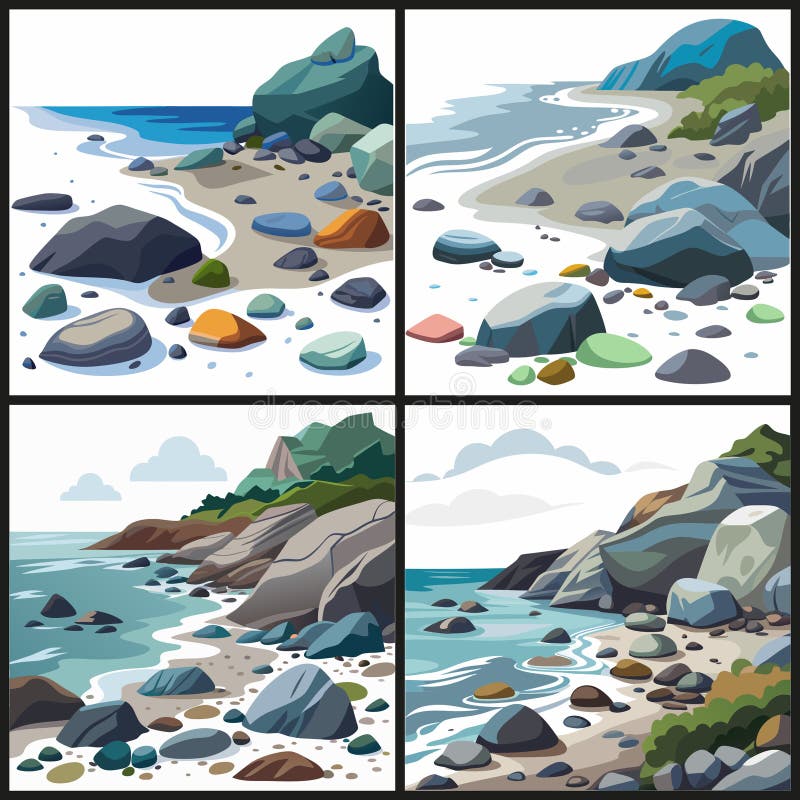 Coastal Rock Scenes in Flat Style with Sea Waves, Cliffs, and Natural ...