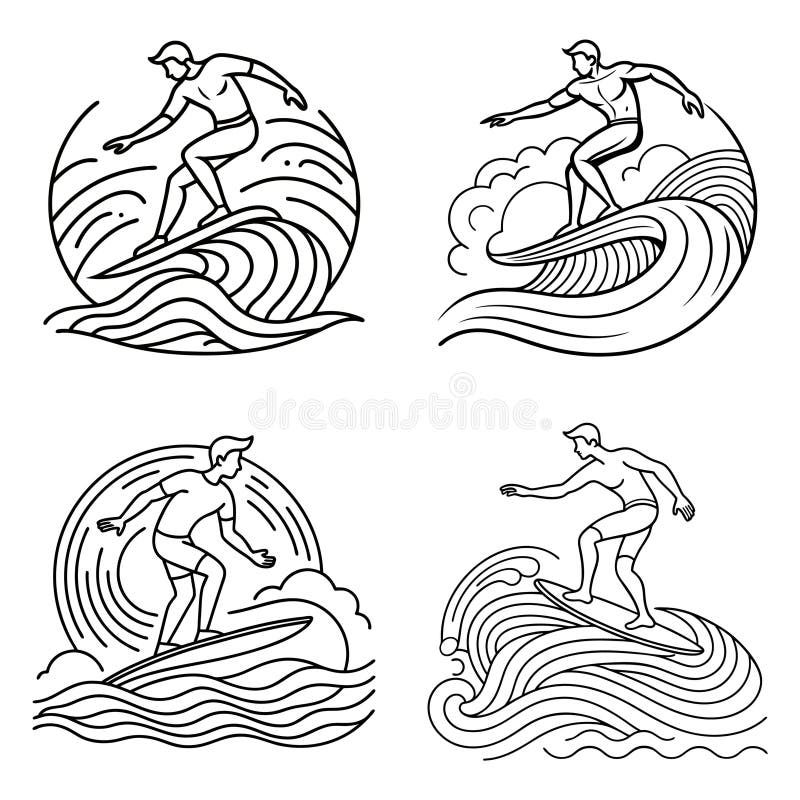 Surfer Illustration Set in Line Art Style Showing Black and White ...