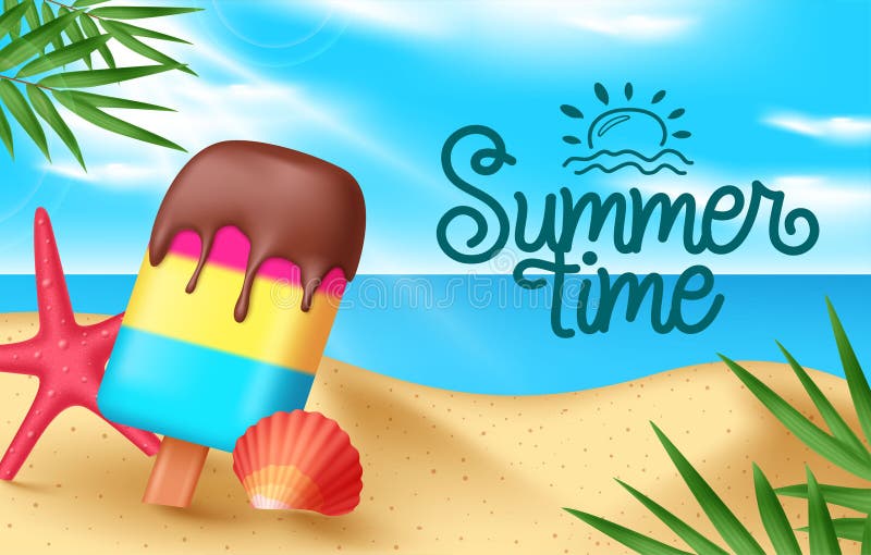 Summer Time Greeting Text Beach Time with Popsicle, Starfish, Sea Shell and Palm Leaves Elements ...