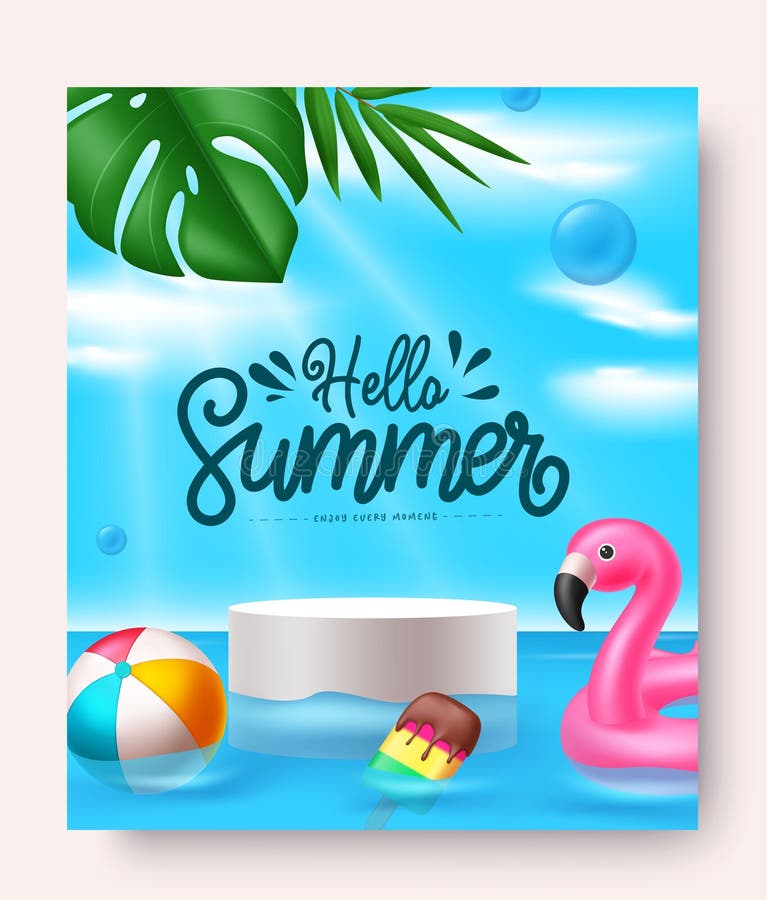 Hello Summer Text with Podium and Summer Elements Floating on the Sea ...