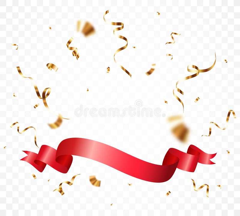 Flying Gold Confetti and Ribbon Banner, Isolated on Transparent ...