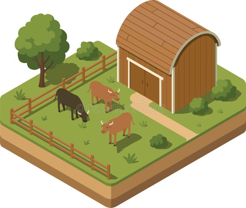 Isometric Cattle Farm with Barn and Fence Stock Vector - Illustration ...