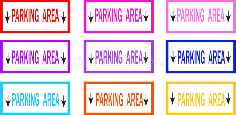 Set of 9 Colorful "PARKING AREA" Signs with Arrows and Bold Text on ...
