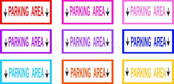 Set of 9 Colorful "PARKING AREA" Signs with Arrows and Bold Text on ...