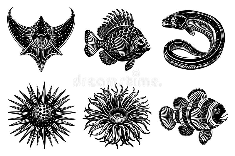 Decorative Tribal Marine Animal Set with Stingray Eel Clownfish Sea ...