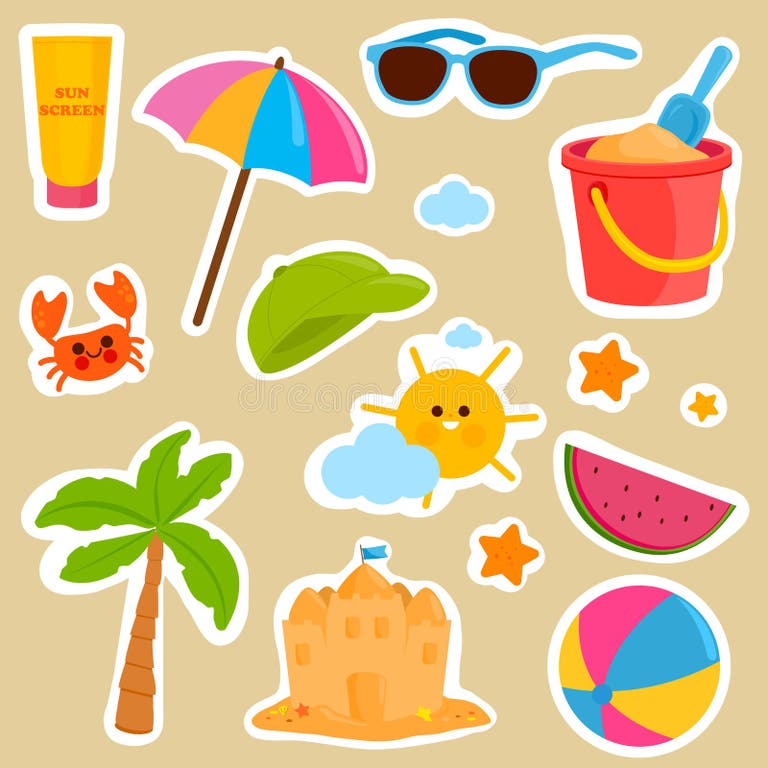Summer Beach Vacation Sticker Set for Kids. Tropical Island Sticker ...
