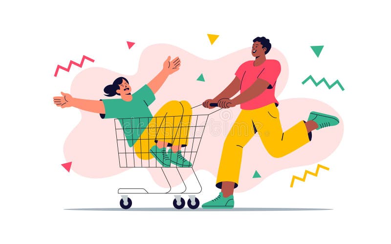 Cheerful Young Friends Racing with Shopping Cart in Whimsical Activity ...