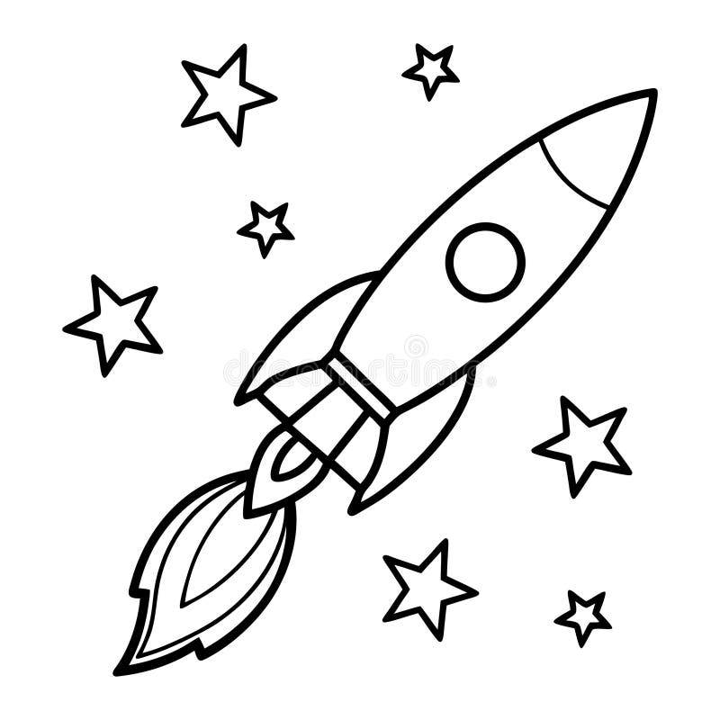 Simple Rocket Ship Illustration with Flames in Black and White Outline ...