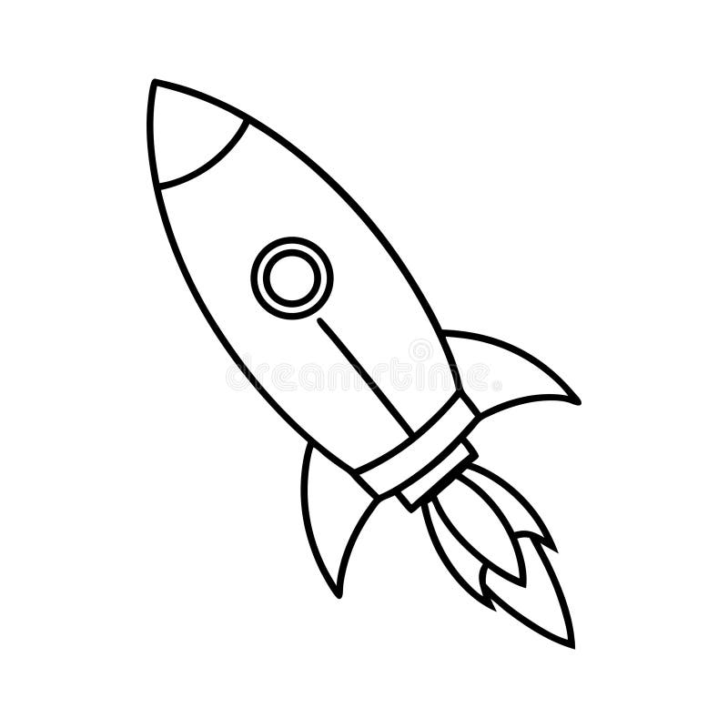 Simple Rocket Ship Illustration with Flames in Black and White Outline ...