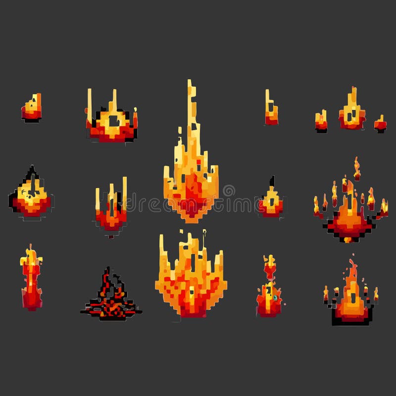 Pixelated Fire Clipart Set in Classic Retro Game Grid Style Featuring ...