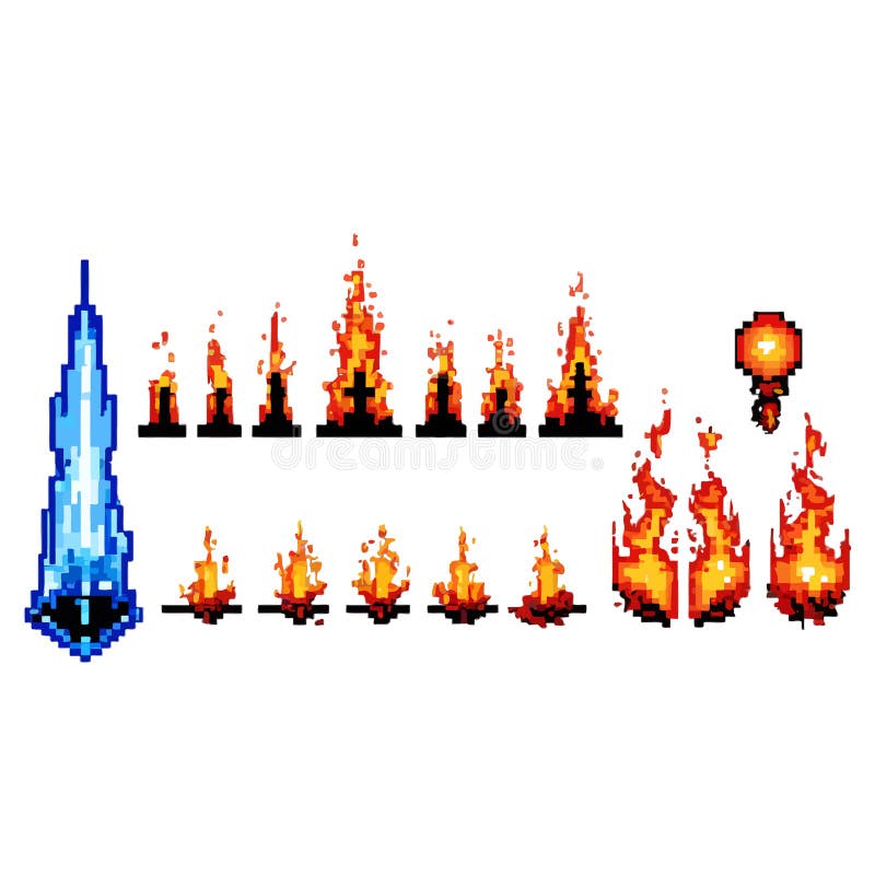Pixelated Fire Clipart Set in Retro Game Style with Frozen Loop ...