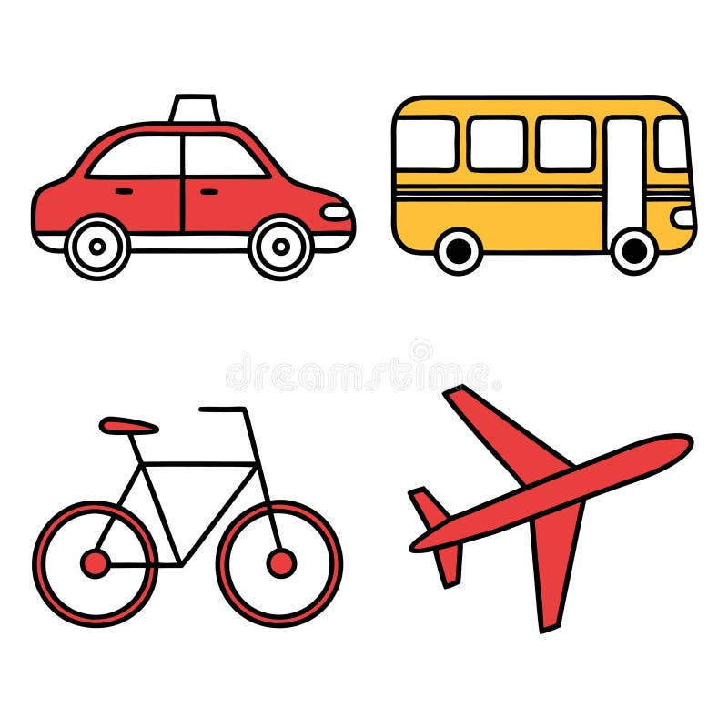 Colorful Transportation Illustration Featuring a Car, Bus, Bicycle, and ...