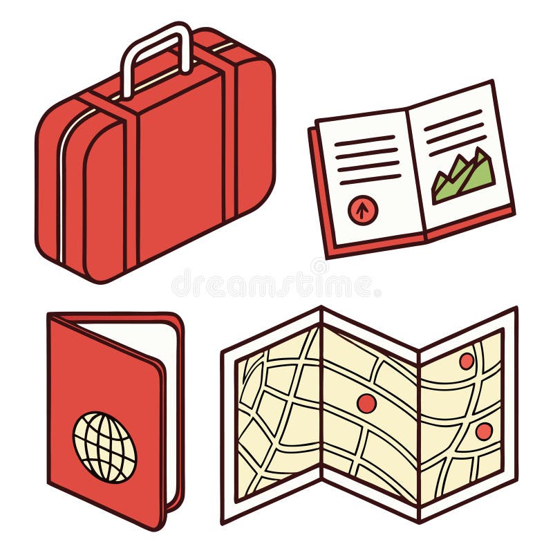 Hand Drawn Set of Travel Tools with Suitcase, Passport, Map and Travel ...