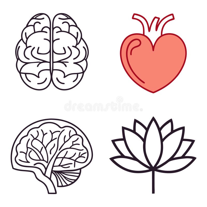 Artistic Line Drawing of Brain, Heart, and Lotus Flower Icons ...