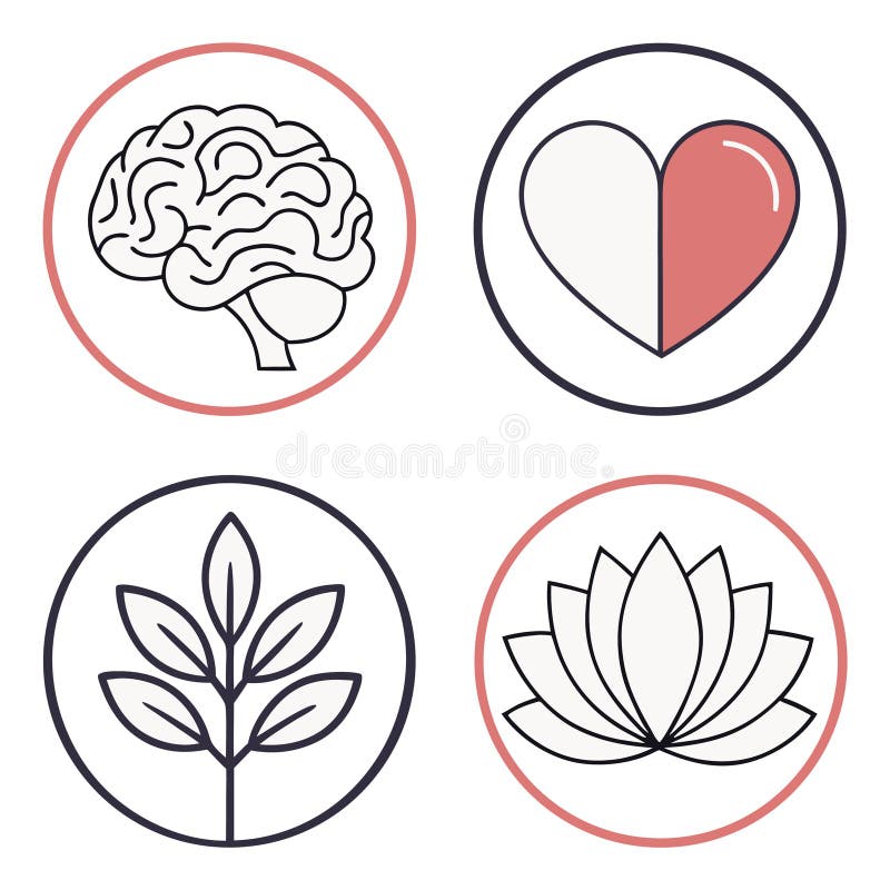 Mindfulness Themed Icons of Brain, Heart, Lotus, and Leaf in Flat Line ...
