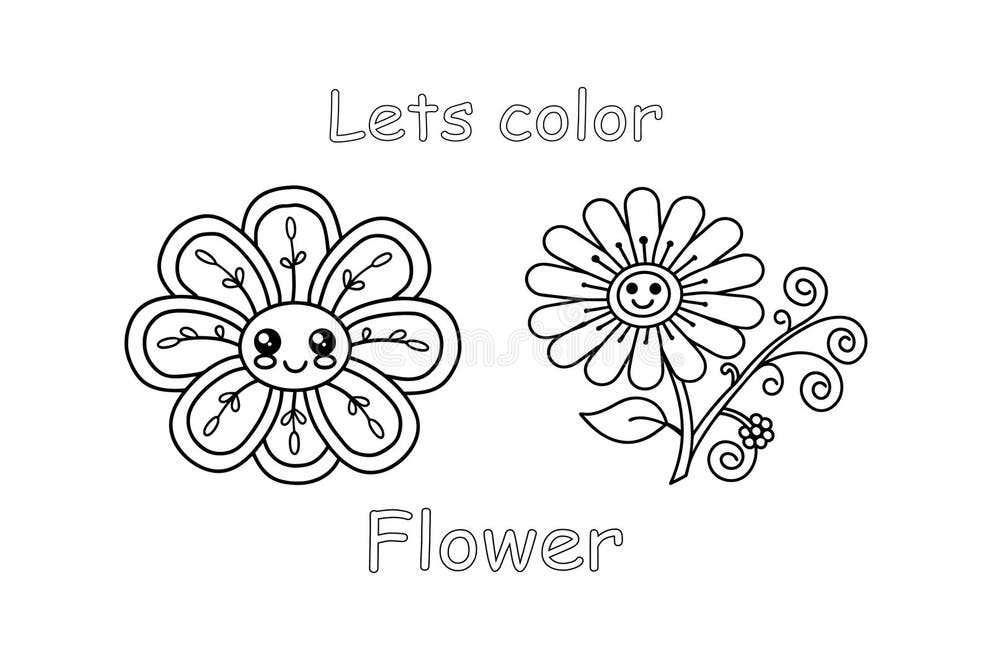 Two Cartoon Flowers with Smiling Faces Coloring Page for Kids Stock ...