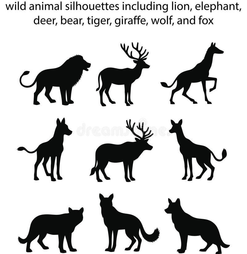 Wild Animal Silhouettes Including Lion, Elephant, Deer, Bear, Tiger ...