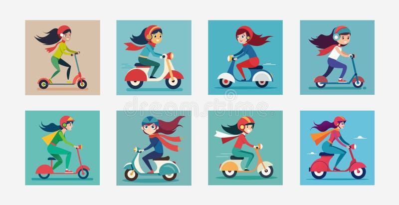 Collection of Girls Riding Scooters in Various Styles Art Stock ...