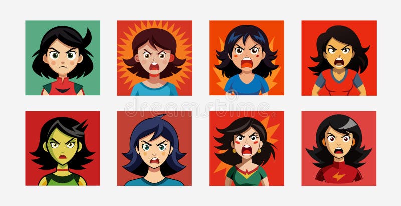 Collection of Angry Cartoon Women with Varying Expressions Stock ...