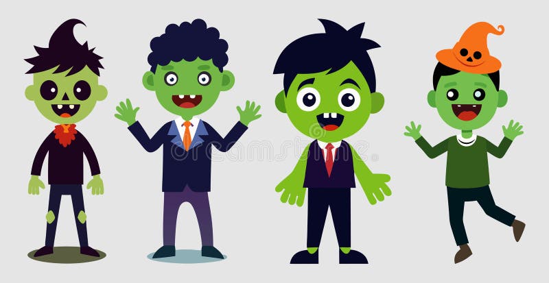 Four Cartoon Zombie Characters Standing in a Row Smiling Stock ...