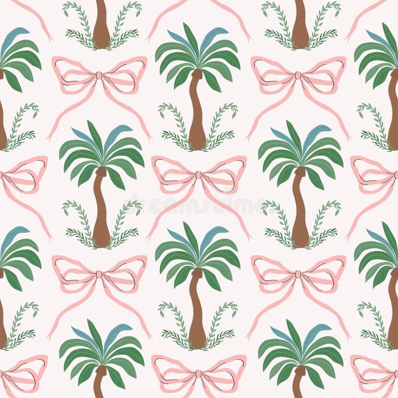 Summer Victorian Seamless Pattern with Palm Trees and Bows, Coquette ...