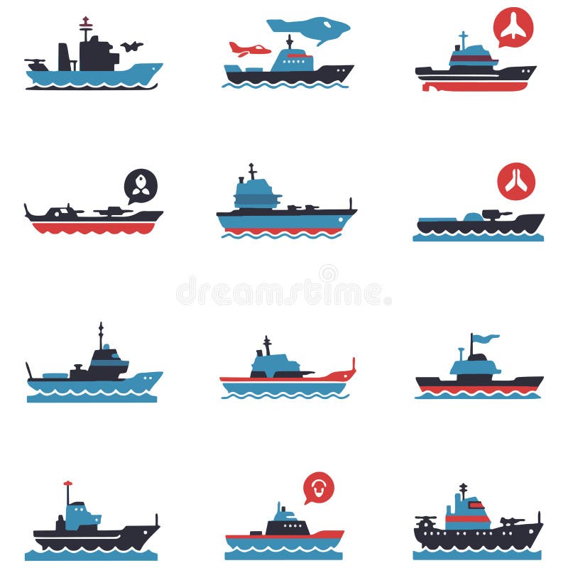 Illustration Showing a Selection of Naval Ships and Warships Vector Icons Set Stock Illustration ...