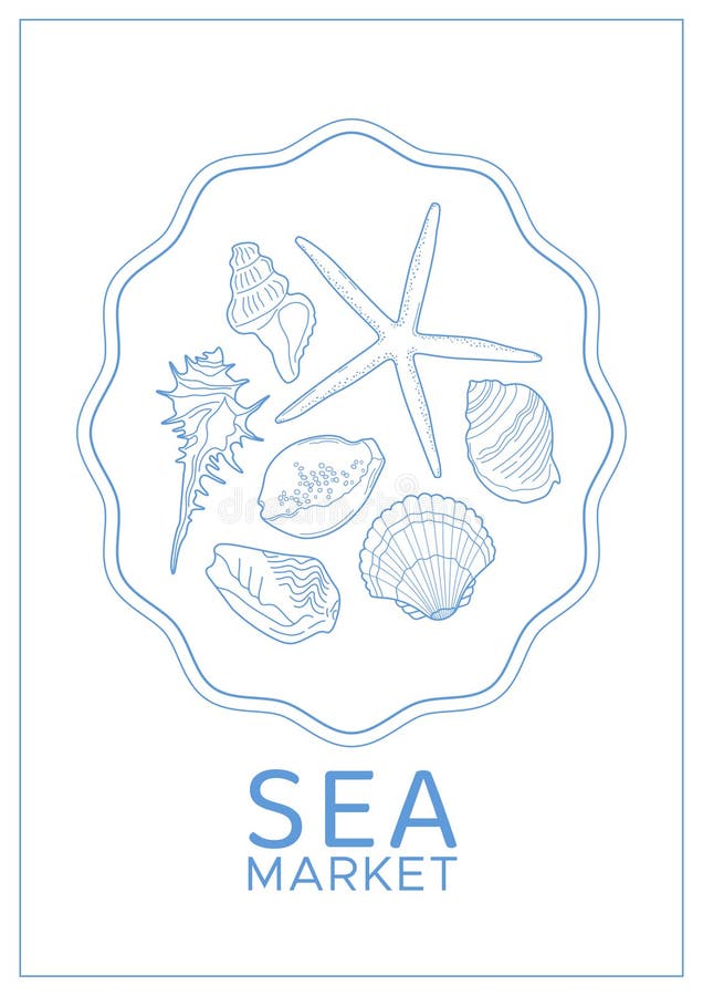 Seafood Market Flyer Template with Seashell Outline in Blue Frame Stock ...