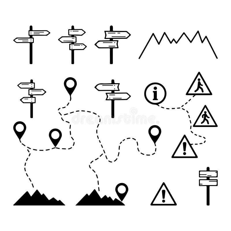 Set of Navigation and Trail Elements, Including Directional Signposts ...