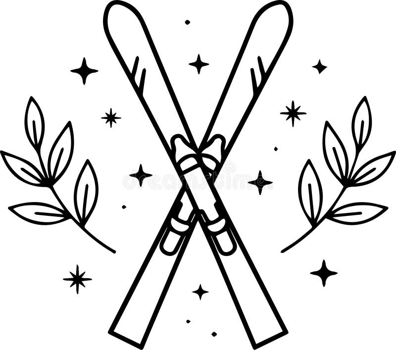Crossed Skis Silhouette - Black & White Line Art with Leaves & Stars ...